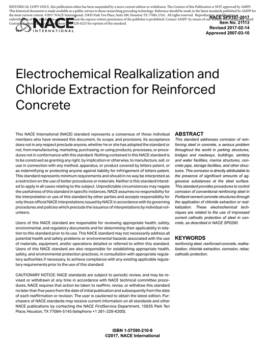 Electrochemical Realkalization and Chloride Extraction for Reinforced Concrete | Standards ...
